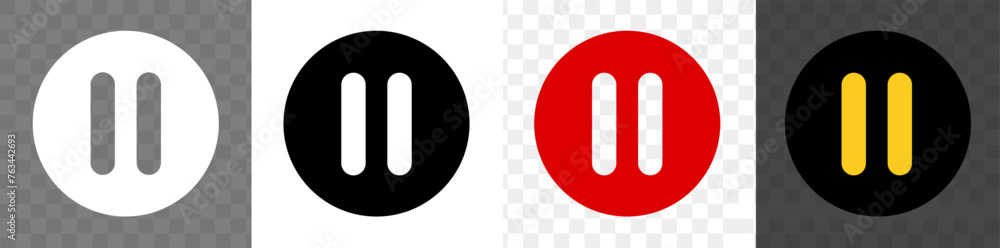 Pause vector buttons black, red and white icons isolated on transparent ...