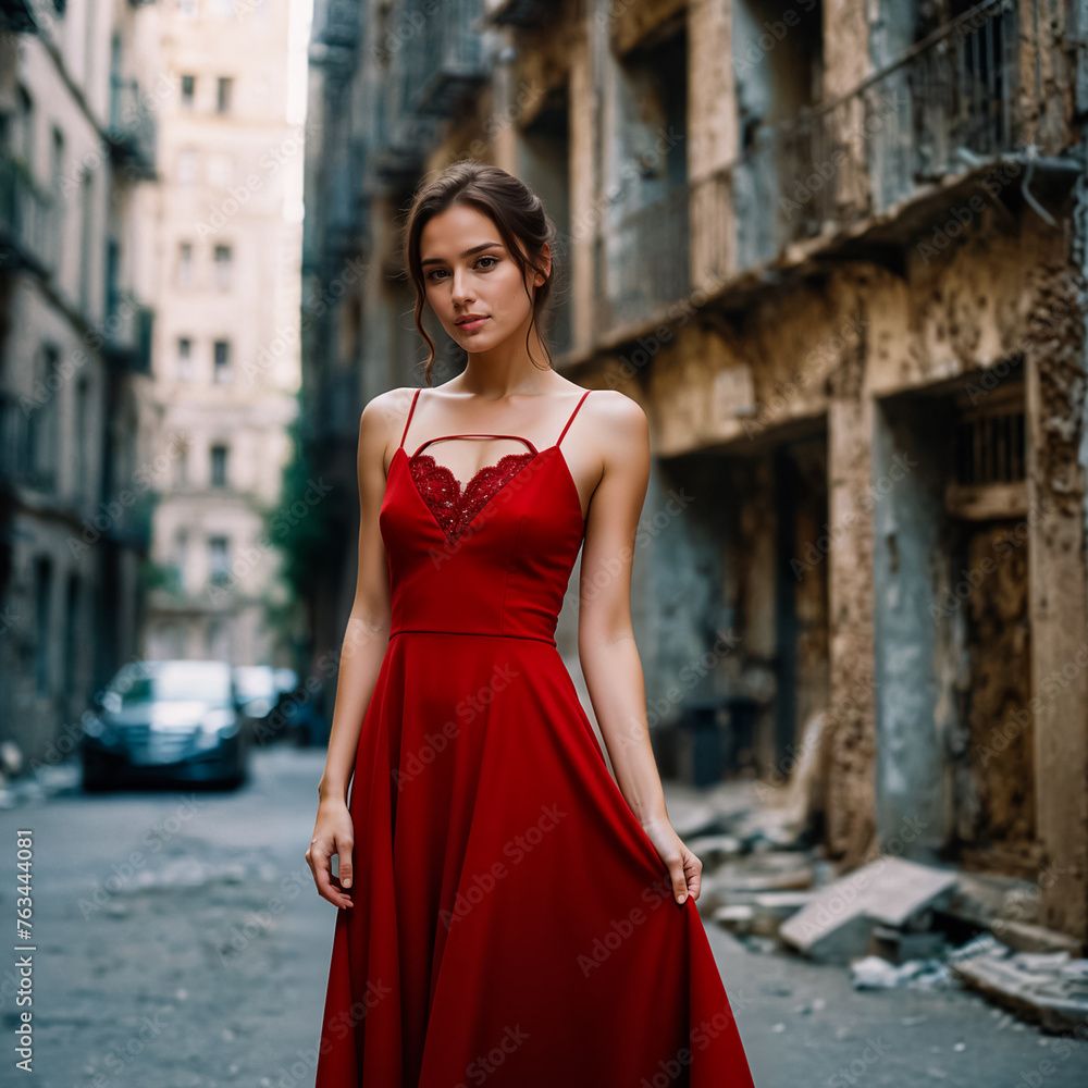 An elegant girl in a provocative red dress among the ruins of an ...