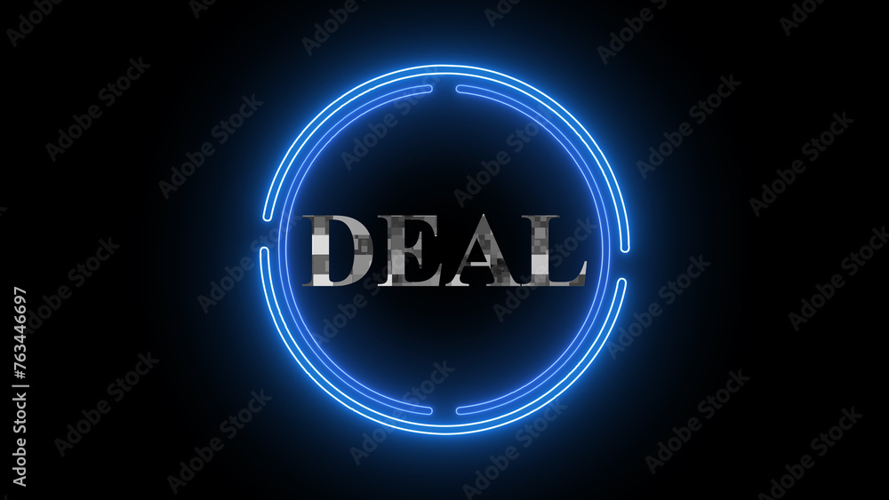 Neon sign with word DEAL illuminated in blue on a dark background ...