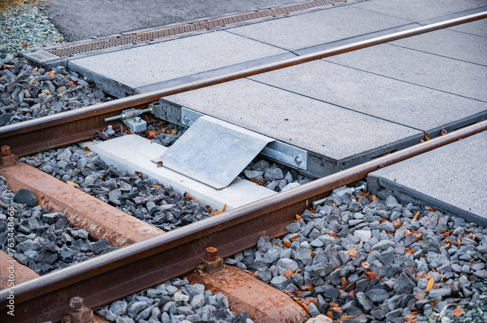 Safe railway crossing. counter beam railway Stock Photo | Adobe Stock
