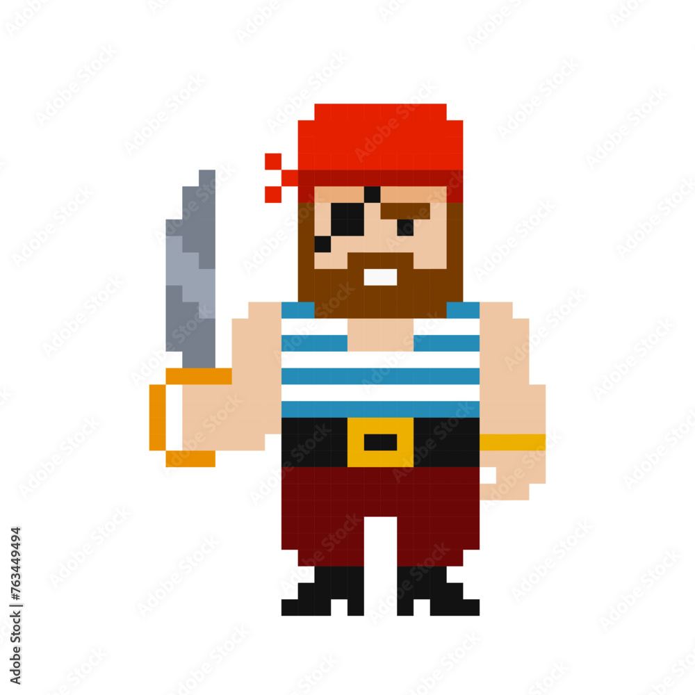 Pixel Art Pirate Cabin Boy suit sailor with saber or sword in red ...