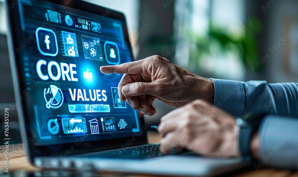 Business Executive Interfacing with a Digital Screen Highlighting Core ...