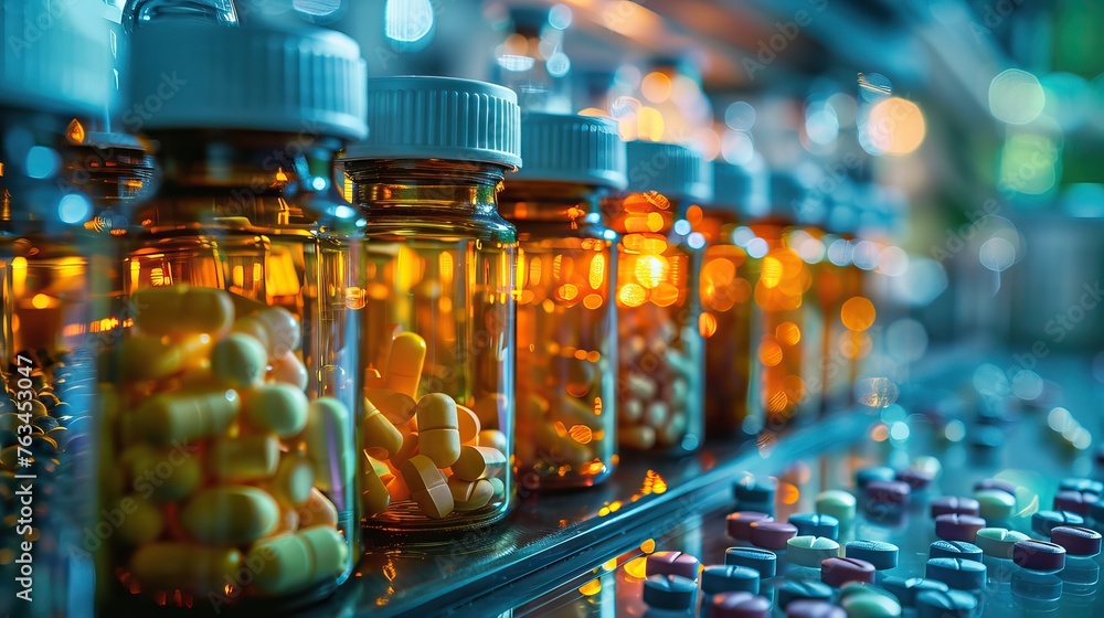 Biopharmaceuticals discovery process, closeup on new drug compounds and ...