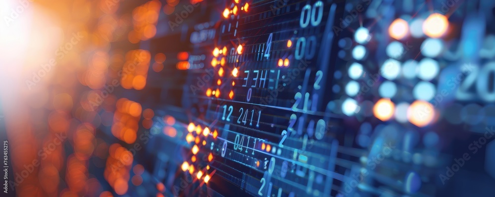 Red and blue digital LED panel displaying numbers and data, an abstract ...