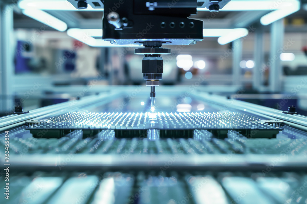 A close-up macro photograph of etching a semiconductor chip on a metal ...