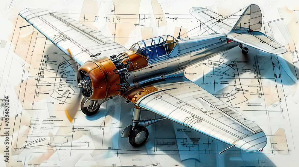 Vintage aircraft on engineering blueprints, merging historical aviation ...