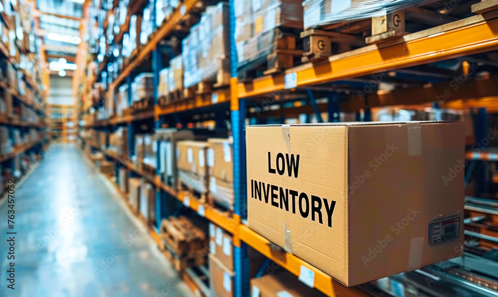 Cardboard box with LOW INVENTORY label on a warehouse shelf, indicating ...