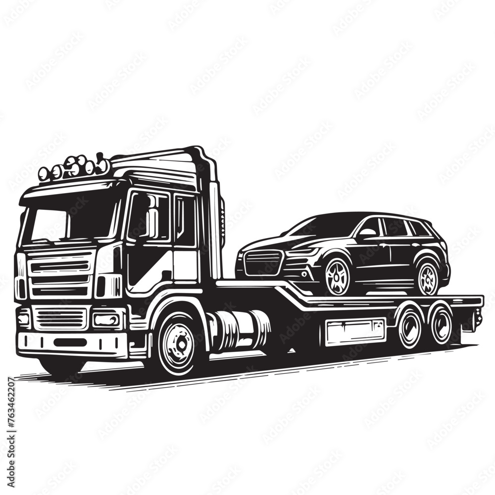 Car carrier trailer side view. Black and white illustration. Car hauler ...