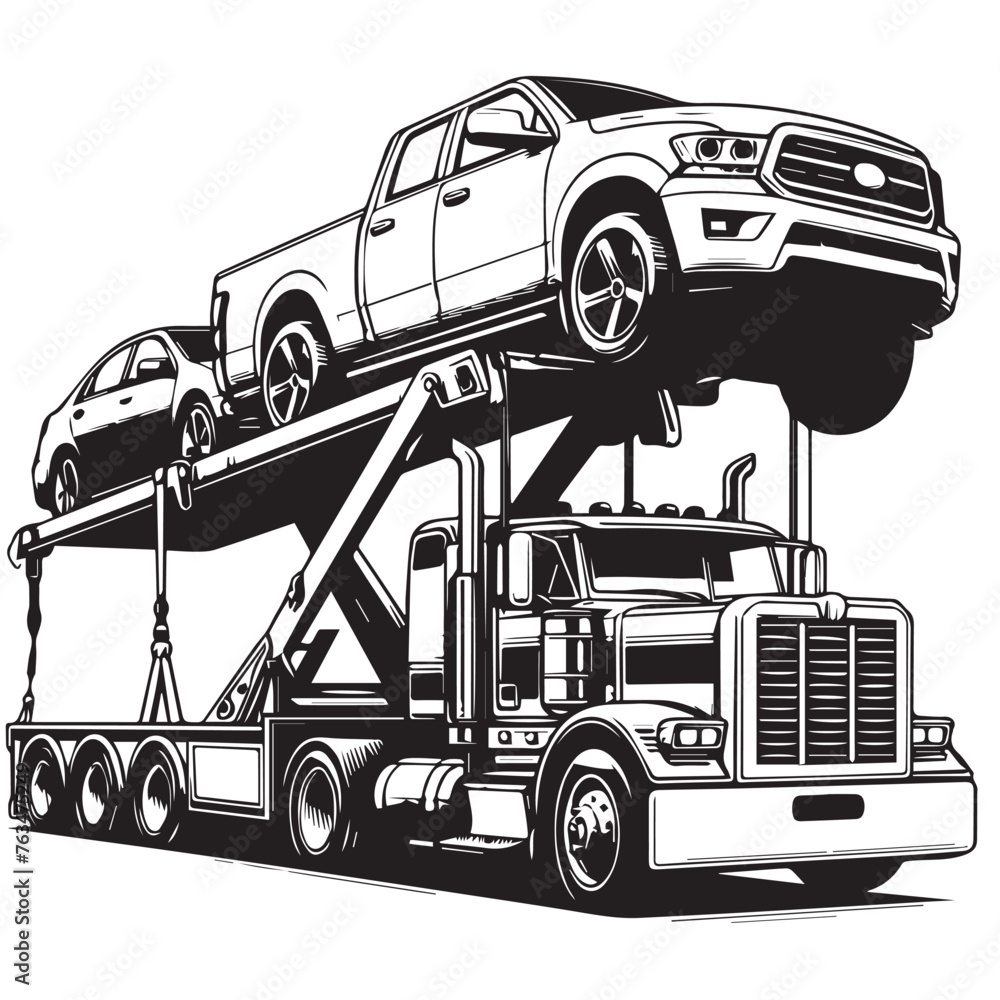 Car carrier trailer side view. Black and white illustration. Car hauler ...