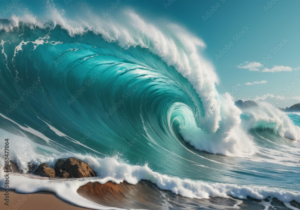 Tidal tsunami wave with foam, stormy sea background, blue and teal ...