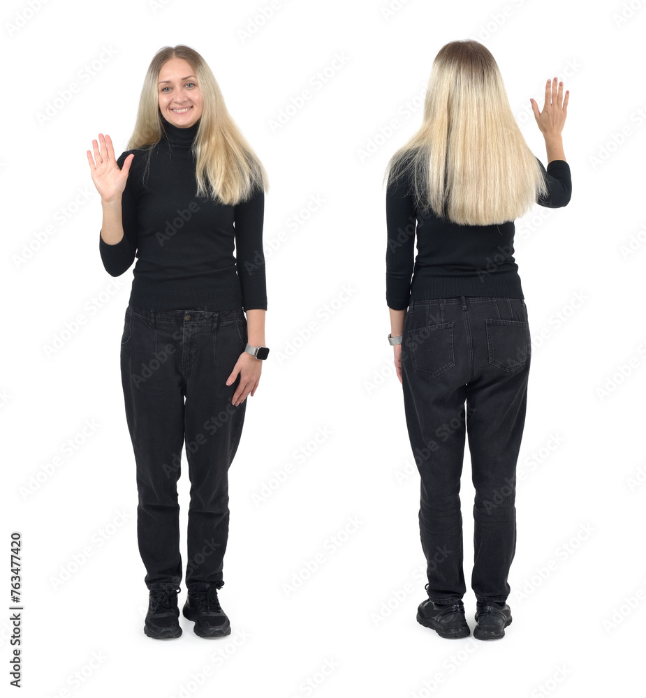 front and back view of same standing woman greeting on white background ...