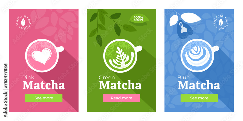 Matcha latte banners set. Design template of green, blue and pink color ...