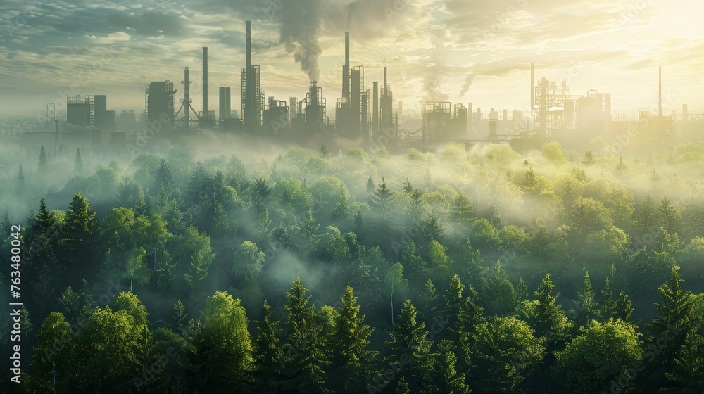 Green forest juxtaposed against a background of industrial pollution ...