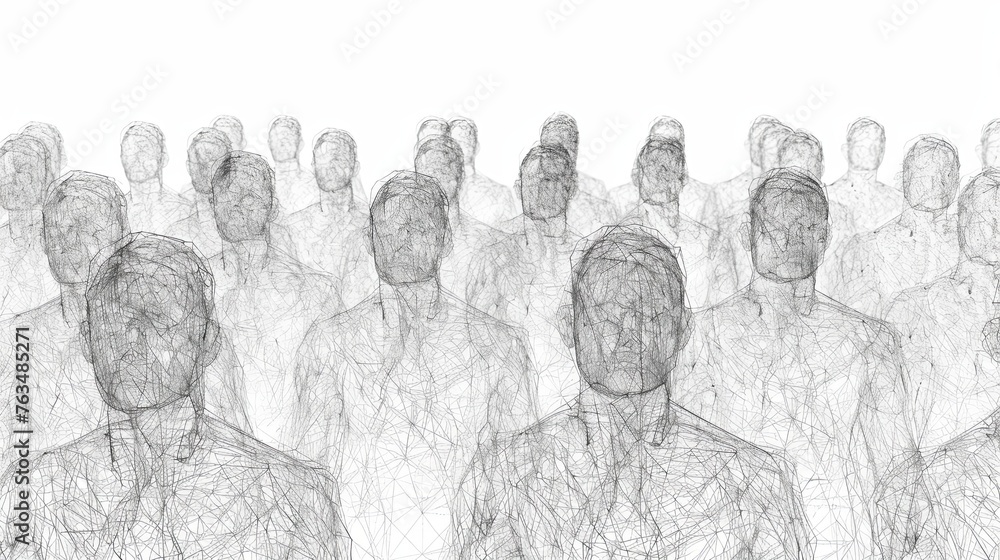 The black and white drawing depicts a crowd of people and we see many ...