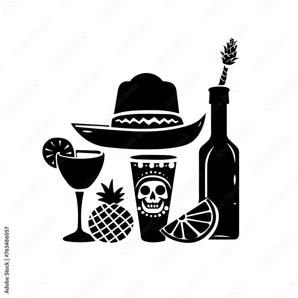 Mexican Fiesta Icon Set Illustration. Monochrome vector illustration ...