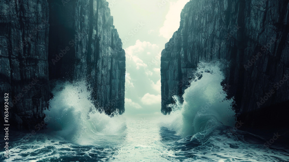 the ocean opening up to form a canal, inspired by the biblical event ...