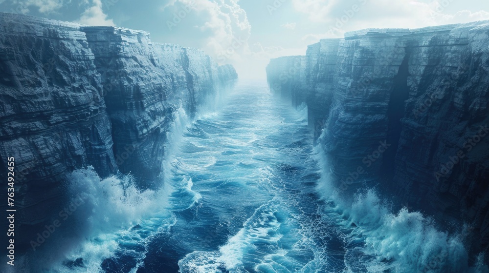 the ocean opening up to form a canal, inspired by the biblical event ...