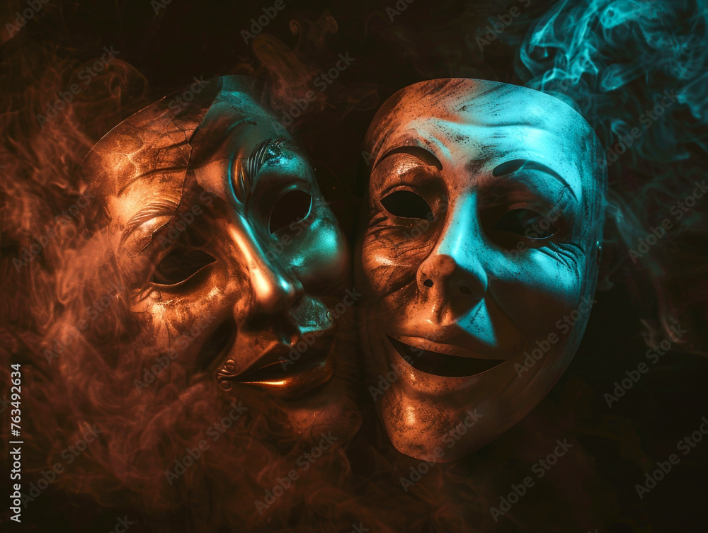 A stylized photo of comedy and tragedy theater masks, glowing as if ...