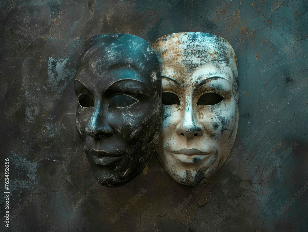 A stylized photo of comedy and tragedy theater masks, glowing as if ...
