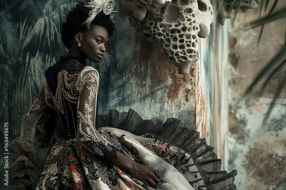 Regal African Queen in Traditional Dress Poses with Sculpture, Ideal ...