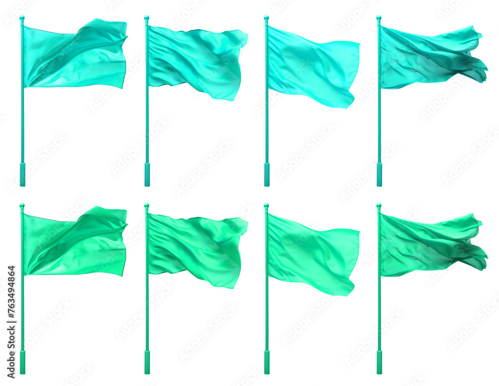 2 Collection set of turquoise blue green, waving flying blank flag ...