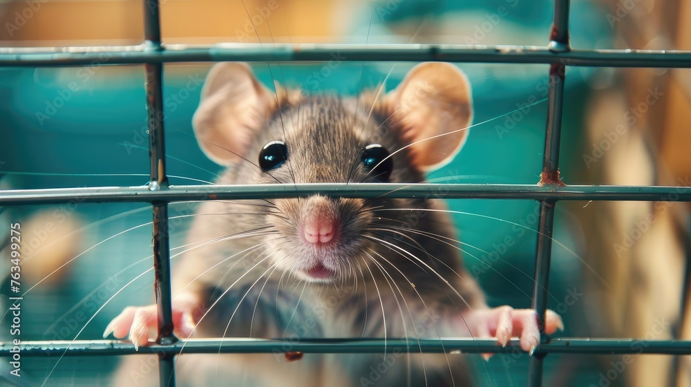 A gray molting rat amusingly holds cage bars with its teeth, a ...