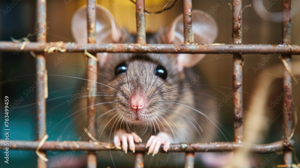 A gray molting rat amusingly holds cage bars with its teeth, a ...