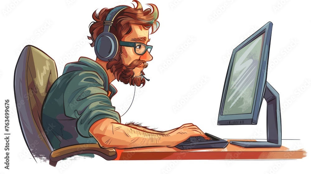 Portrait d'un informaticien sur son ordinateur portable style cartoon ...