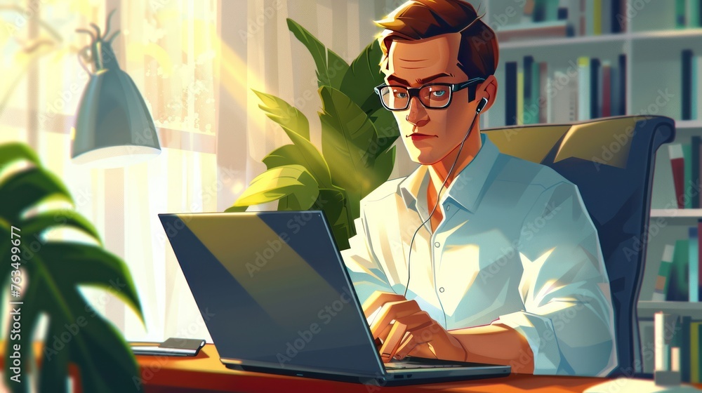 Portrait d'un informaticien sur son ordinateur portable style cartoon ...