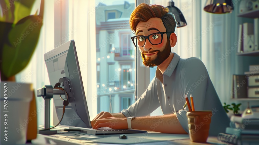 Portrait d'un informaticien sur son ordinateur portable style cartoon ...