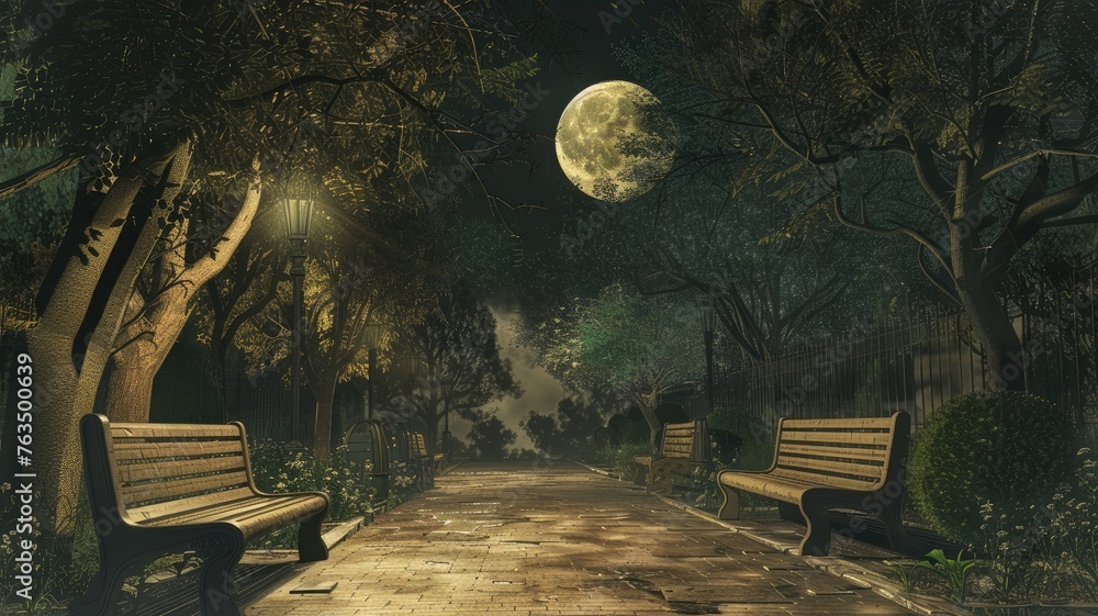 the park at night, as the moon casts a soft glow on the wooden benches ...