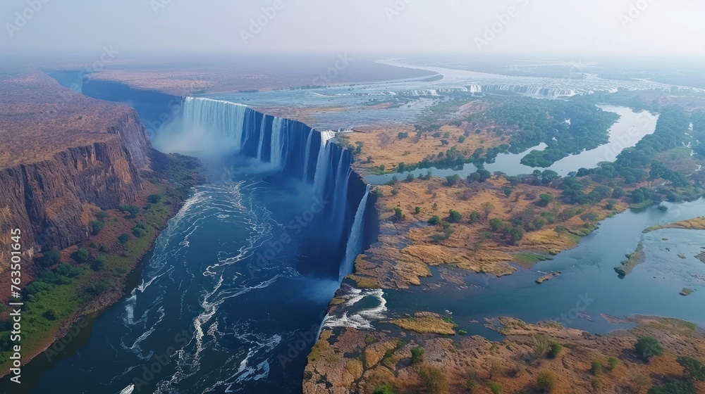 The largest curtain waterfall in the world Flowing into a deep valley ...