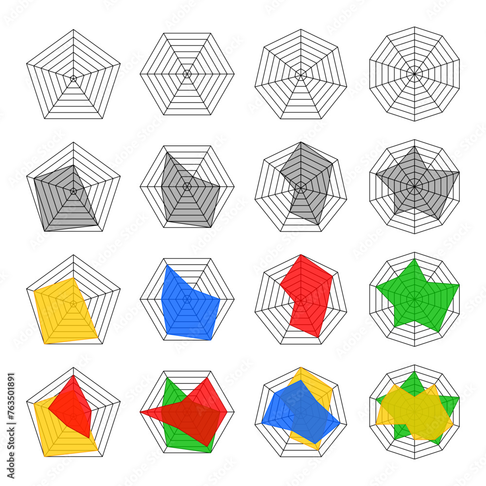 Kiviat Diagram template set. Spider web chart or radar statistics chart ...
