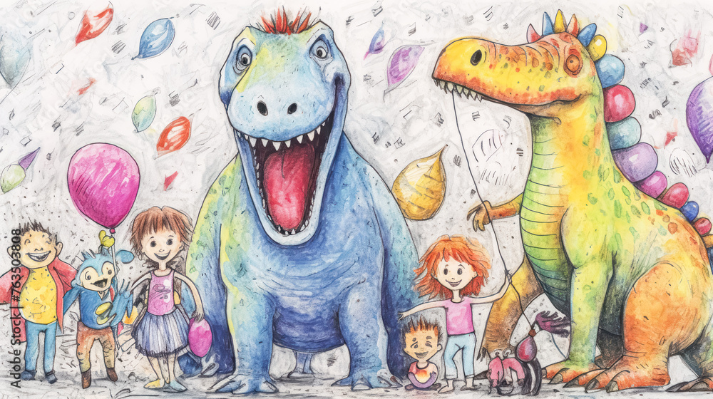 A delightful childrens pencil drawing depicts playful dinosaurs and ...