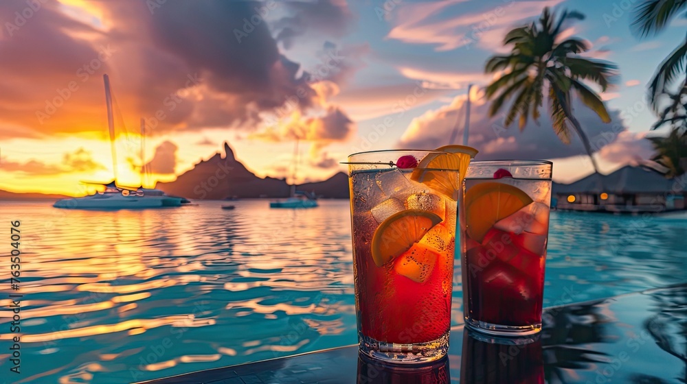 two colorful cocktails in tall glasses on the edge of an infinity pool ...