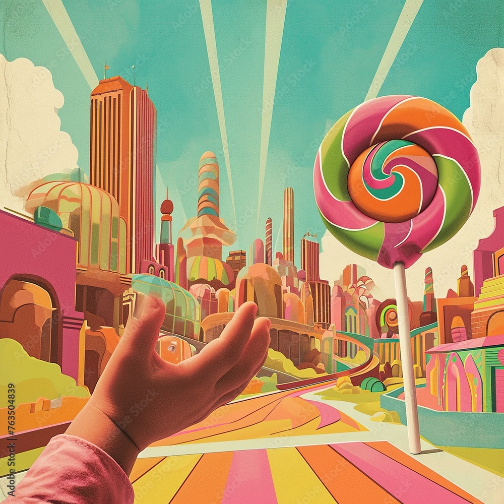 Child's hand reaching out for a giant candy, creating a sense of wonder ...