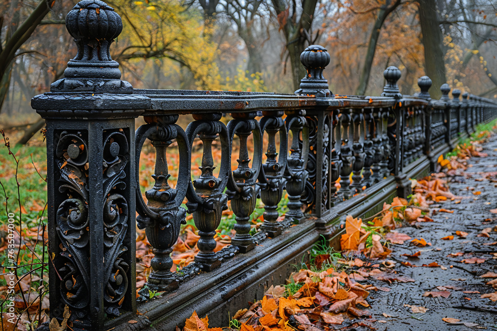 Ornate wrought iron railing, autumn leaves scattered. Vintage park ...