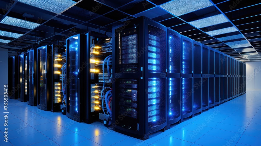 Depict a state of the art data center with rows of server racks ...