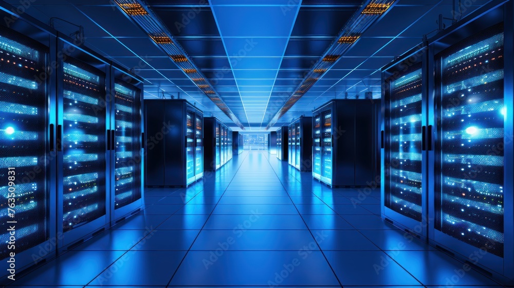 Depict a state of the art data center with rows of server racks ...