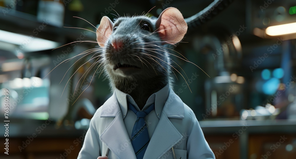 A rat dressed in a lab coat and tie stands upright in a professional ...