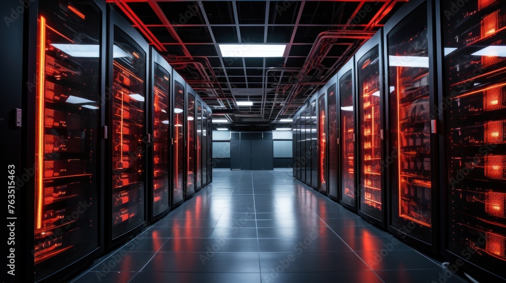 Depict a state of the art data center with rows of server racks ...