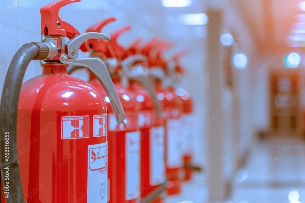 A row of red fire extinguishers are lined up on a wall. The fire ...