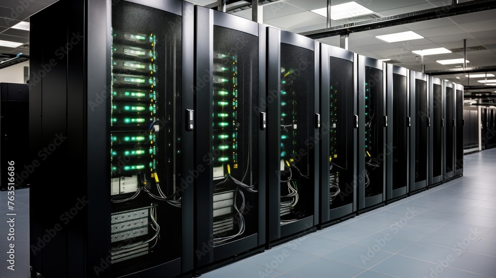 Depict a state of the art data center with rows of server racks ...