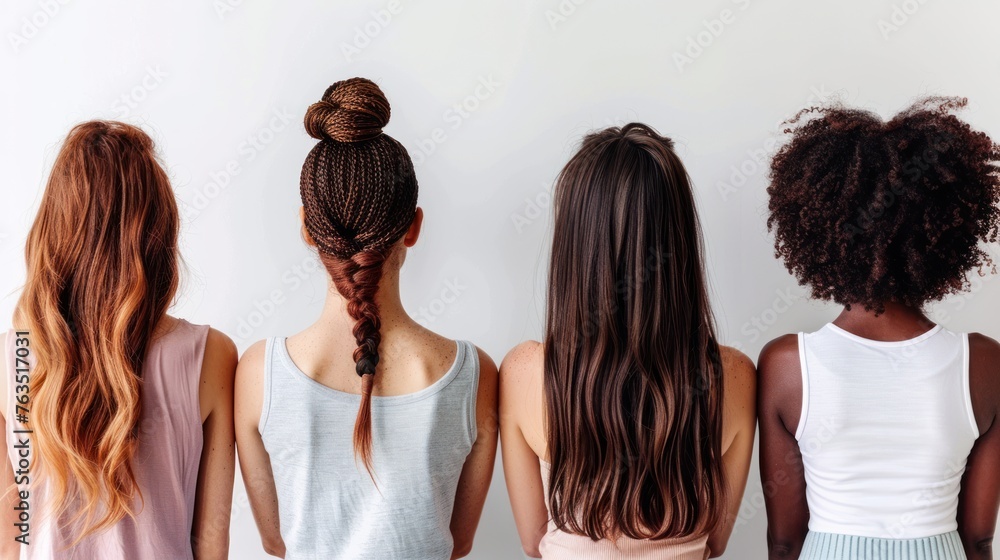 Four women with different hair types are standing next to each other ...