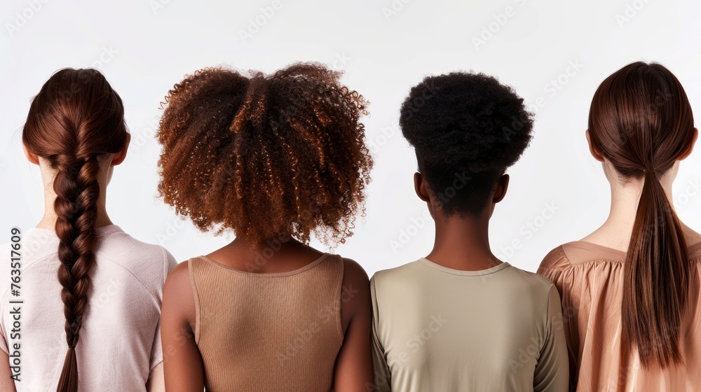 Four women with different hair types and styles are standing next to ...