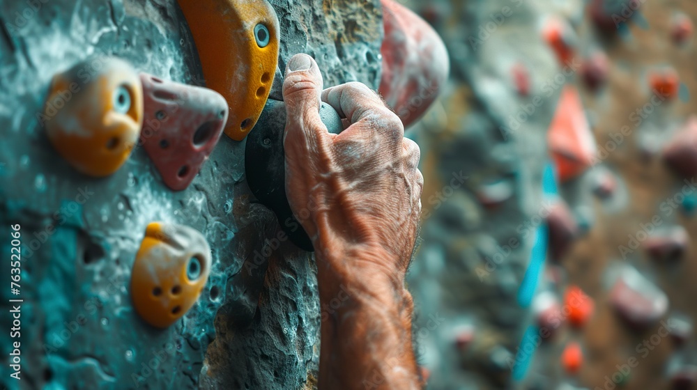 A close-up of the climber's hand firmly gripping the boulder outdoors ...
