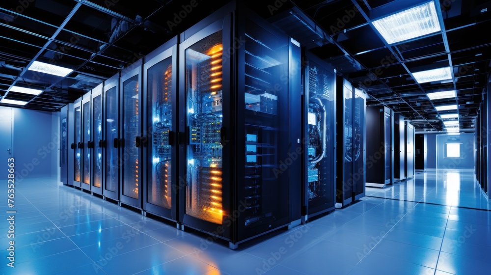 Depict a state of the art data center with rows of server racks ...