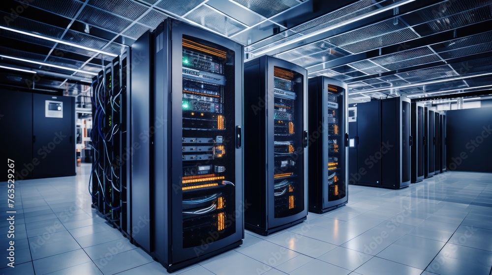 Depict a state of the art data center with rows of server racks ...