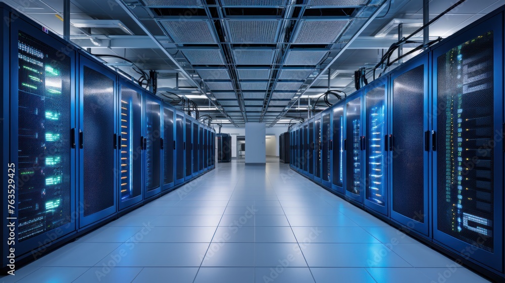 Depict a state of the art data center with rows of server racks ...