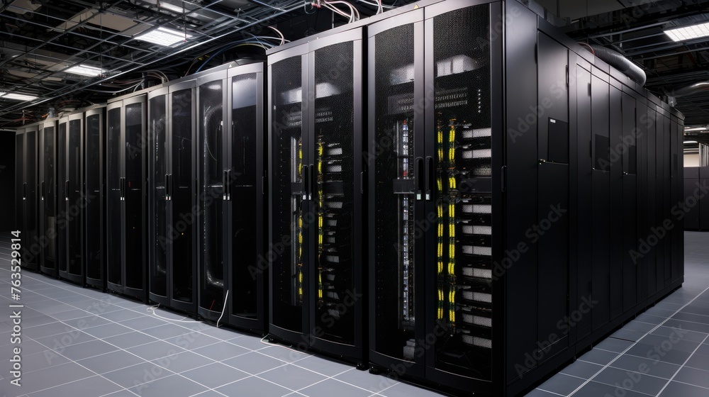 Depict a state of the art data center with rows of server racks ...